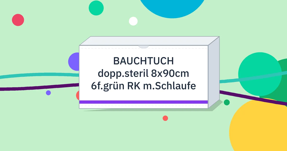 Symbolbild: Packung mit der Aufschrift BAUCHTUCH dopp.steril 8x90cm 6f.grün RK m.Schlaufe (PZN 13166191) – Verfügbarkeit und Bezug in Apotheken in Frankfurt am Main