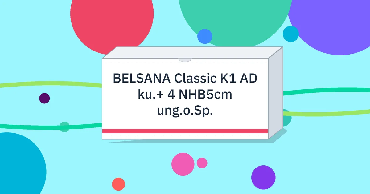 Symbolbild: Packung mit der Aufschrift BELSANA Classic K1 AD ku.+ 4 NHB5cm ung.o.Sp. (PZN 19256340) – Verfügbarkeit und Bezug in Apotheken in Frankfurt am Main