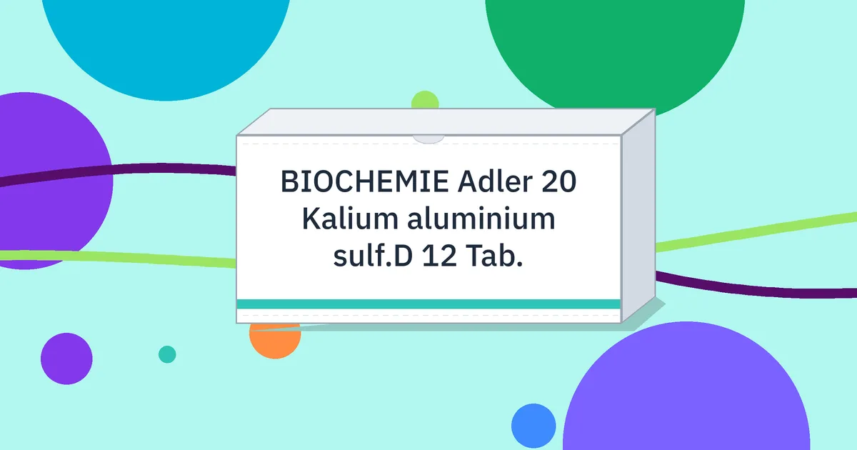 Symbolbild: Packung mit der Aufschrift BIOCHEMIE Adler 20 Kalium aluminium sulf.D 12 Tab. (PZN 02730398) – Verfügbarkeit und Bezug in Apotheken in Frankfurt am Main