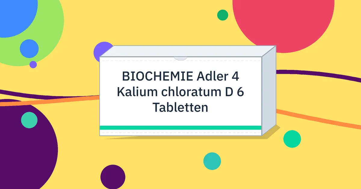 Symbolbild: Packung mit der Aufschrift BIOCHEMIE Adler 4 Kalium chloratum D 6 Tabletten (PZN 00833237) – Verfügbarkeit und Bezug in Apotheken in Frankfurt am Main