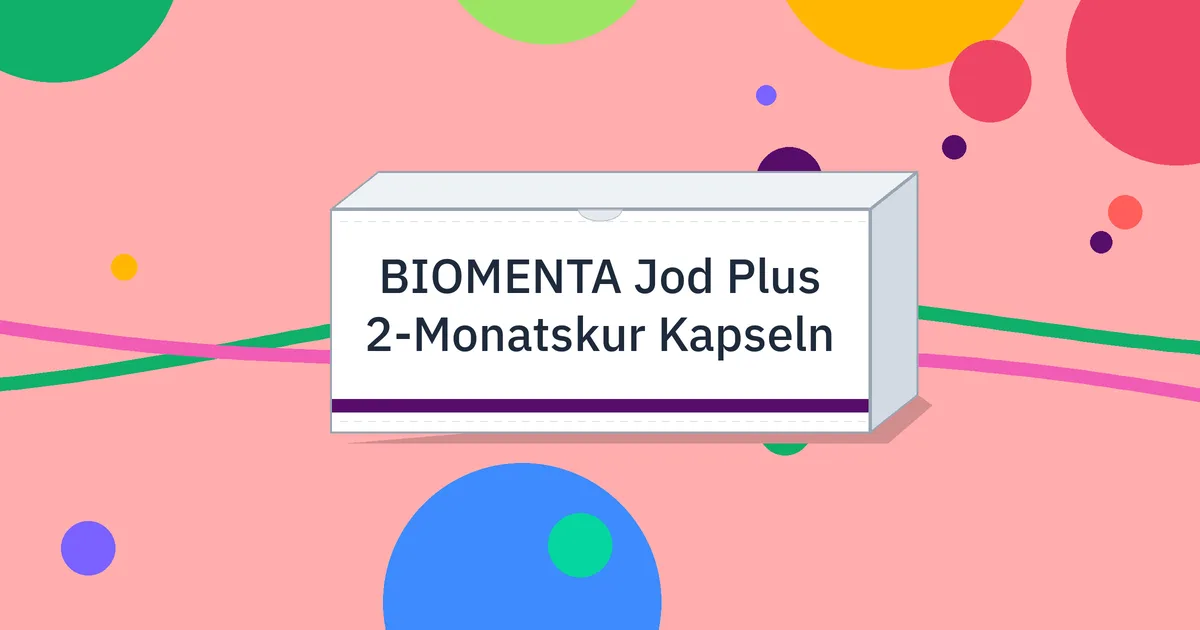 Symbolbild: Packung mit der Aufschrift BIOMENTA Jod Plus 2-Monatskur Kapseln (PZN 11868078) – Verfügbarkeit und Bezug in Apotheken in Frankfurt am Main
