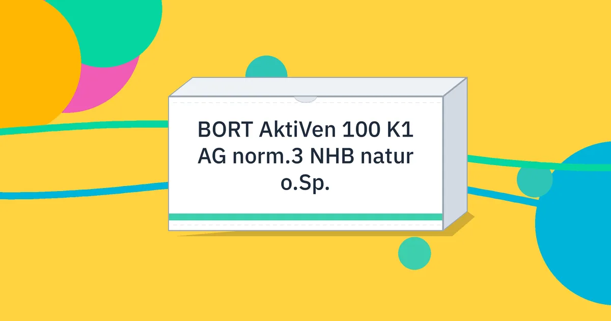 Symbolbild: Packung mit der Aufschrift BORT AktiVen 100 K1 AG norm.3 NHB natur o.Sp. (PZN 13729375) – Verfügbarkeit und Bezug in Apotheken in Frankfurt am Main