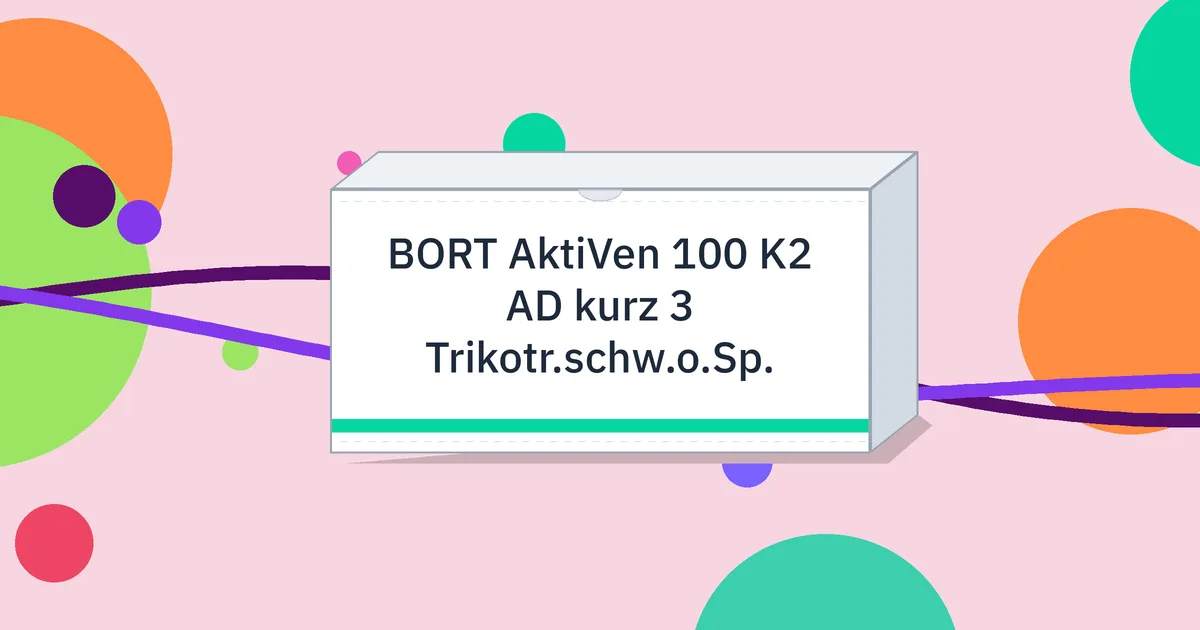 Symbolbild: Packung mit der Aufschrift BORT AktiVen 100 K2 AD kurz 3 Trikotr.schw.o.Sp. (PZN 14386629) – Verfügbarkeit und Bezug in Apotheken in Frankfurt am Main