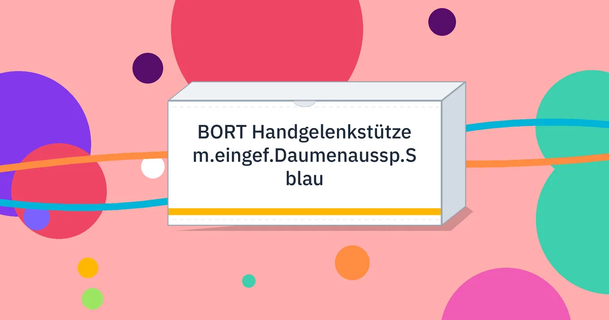 Symbolbild: Packung mit der Aufschrift BORT Handgelenkstütze m.eingef.Daumenaussp.S blau (PZN 00224076) – Verfügbarkeit und Bezug in Apotheken in Frankfurt am Main