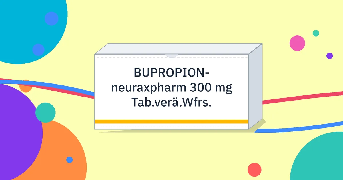 Symbolbild: Packung mit der Aufschrift BUPROPION-neuraxpharm 300 mg Tab.verä.Wfrs. (PZN 19662979) – Verfügbarkeit und Bezug in Apotheken in Frankfurt am Main