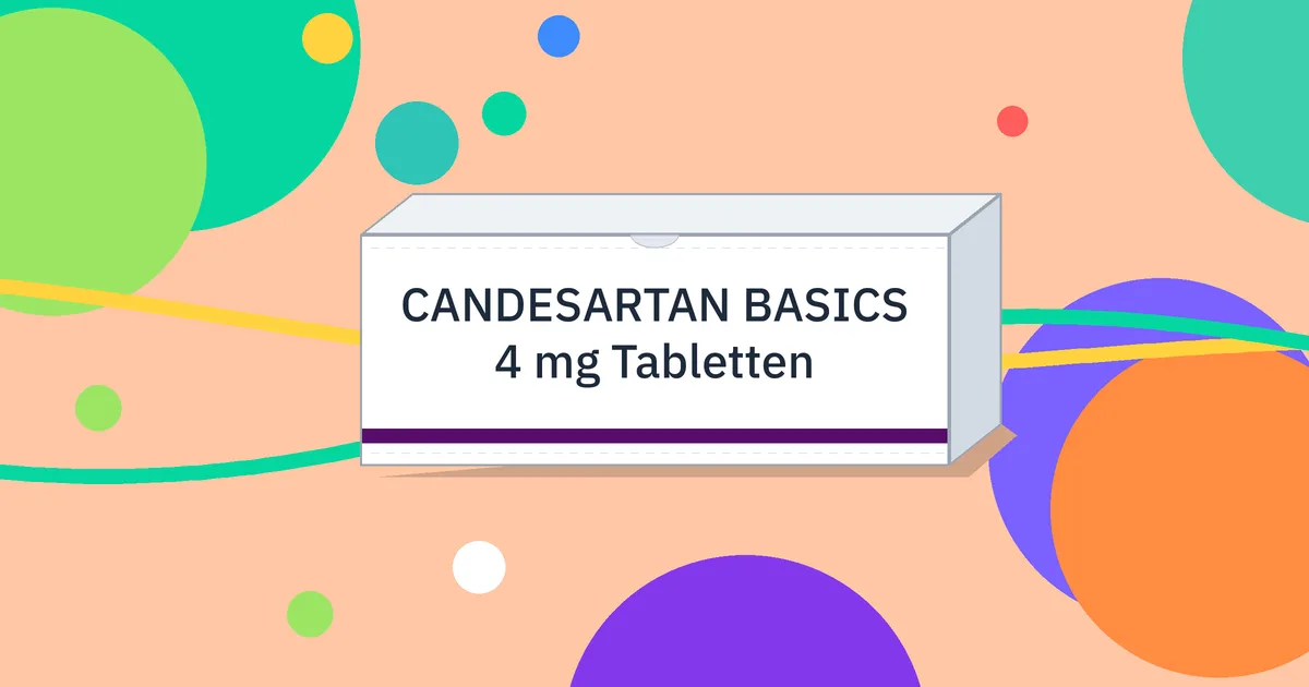 Symbolbild: Packung mit der Aufschrift CANDESARTAN BASICS 4 mg Tabletten (PZN 09482785) – Verfügbarkeit und Bezug in Apotheken in Frankfurt am Main
