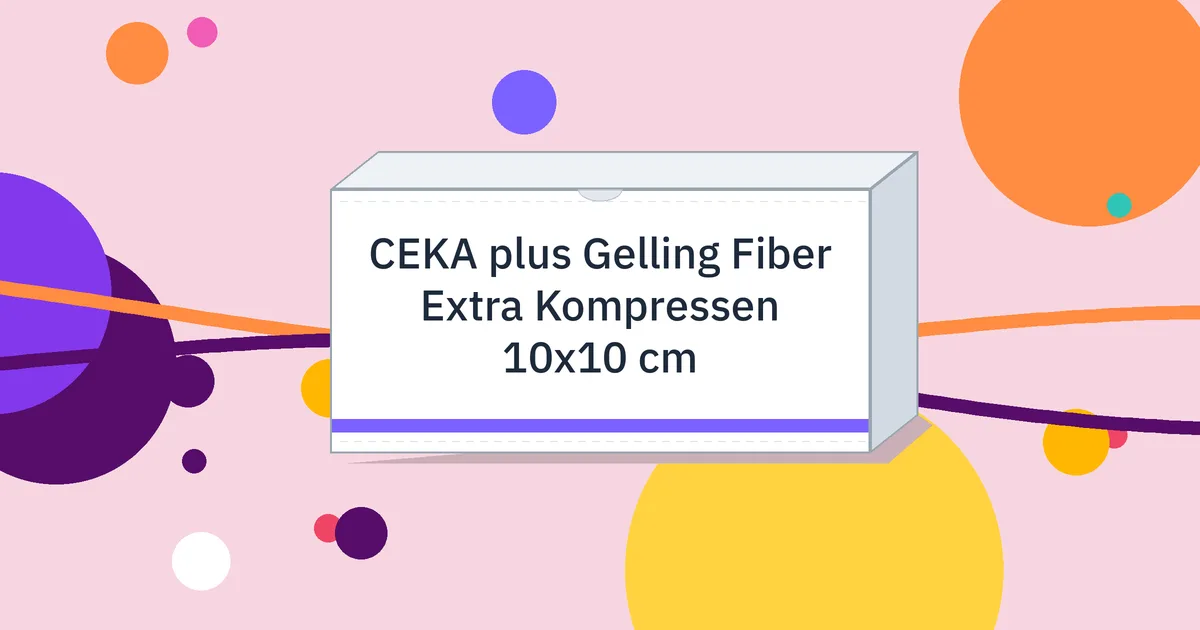 Symbolbild: Packung mit der Aufschrift CEKA plus Gelling Fiber Extra Kompressen 10x10 cm (PZN 20378350) – Verfügbarkeit und Bezug in Apotheken in Frankfurt am Main