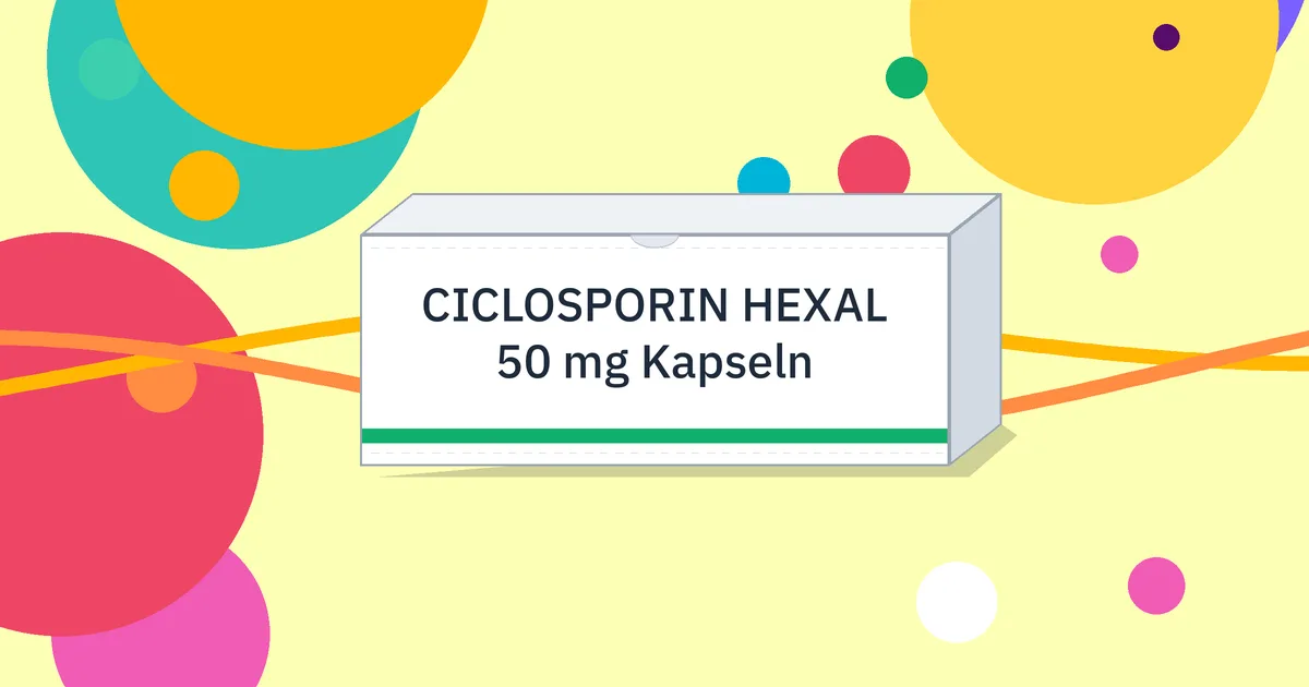 Symbolbild: Packung mit der Aufschrift CICLOSPORIN HEXAL 50 mg Kapseln (PZN 00757513) – Verfügbarkeit und Bezug in Apotheken in Frankfurt am Main