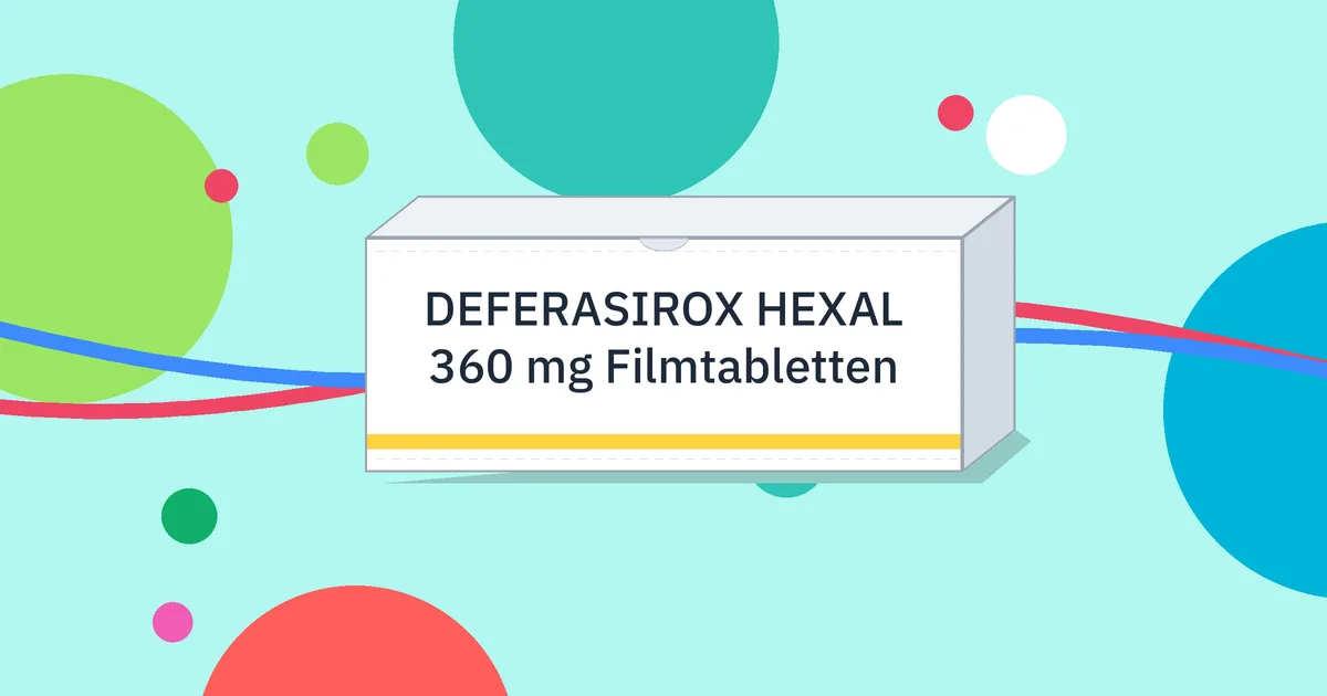 Symbolbild: Packung mit der Aufschrift DEFERASIROX HEXAL 360 mg Filmtabletten (PZN 17617590) – Verfügbarkeit und Bezug in Apotheken in Frankfurt am Main