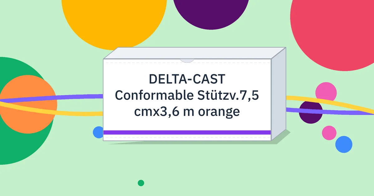 Symbolbild: Packung mit der Aufschrift DELTA-CAST Conformable Stützv.7,5 cmx3,6 m orange (PZN 04590984) – Verfügbarkeit und Bezug in Apotheken in Frankfurt am Main