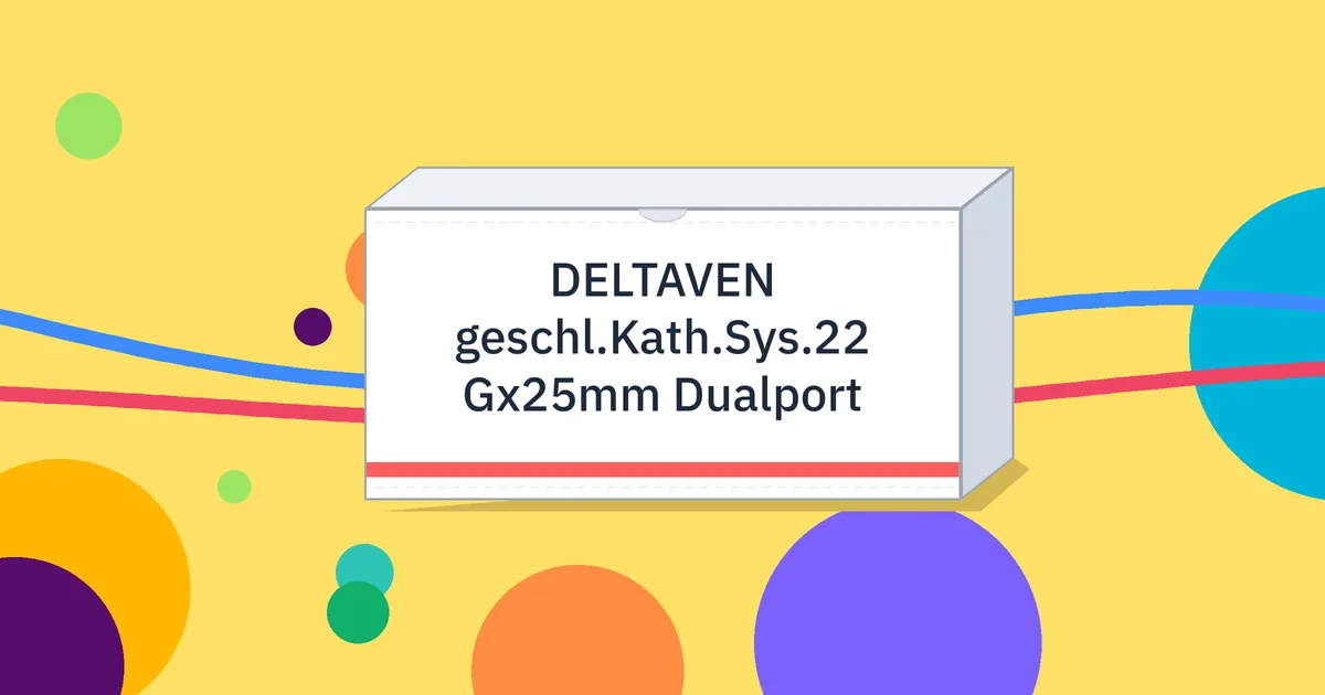 Symbolbild: Packung mit der Aufschrift DELTAVEN geschl.Kath.Sys.22 Gx25mm Dualport (PZN 13977587) – Verfügbarkeit und Bezug in Apotheken in Frankfurt am Main