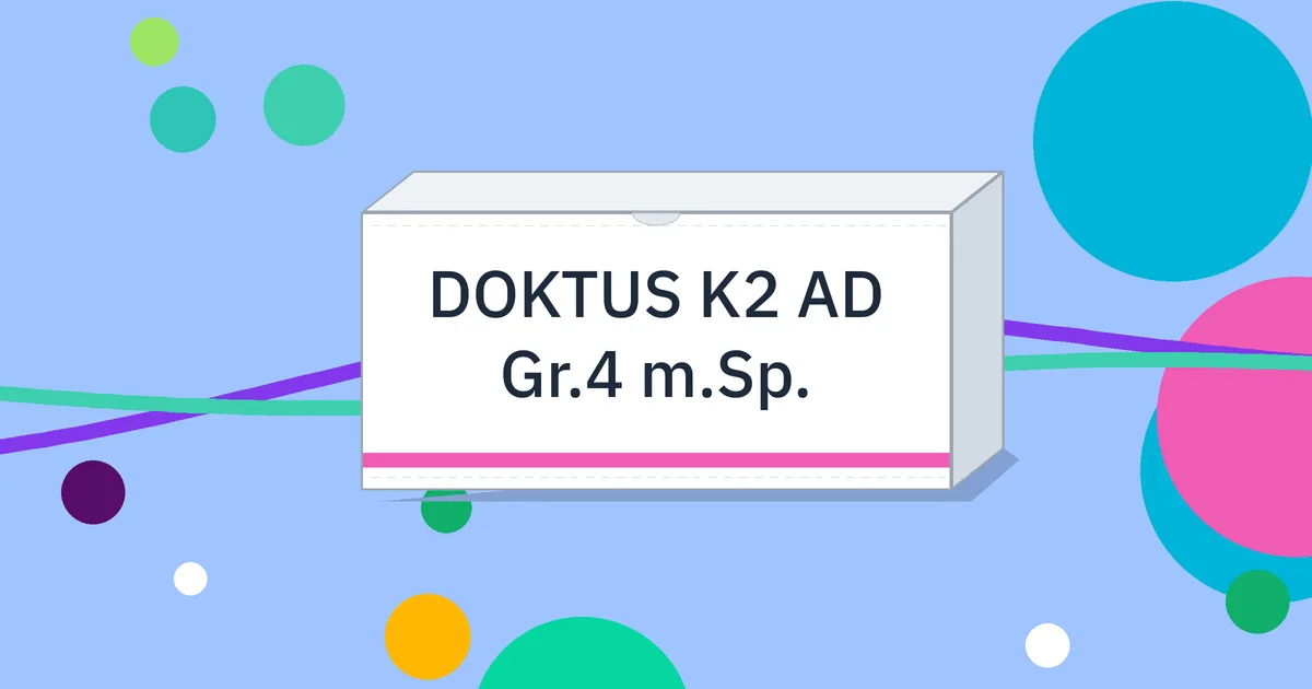Symbolbild: Packung mit der Aufschrift DOKTUS K2 AD Gr.4 m.Sp. (PZN 03308661) – Verfügbarkeit und Bezug in Apotheken in Frankfurt am Main