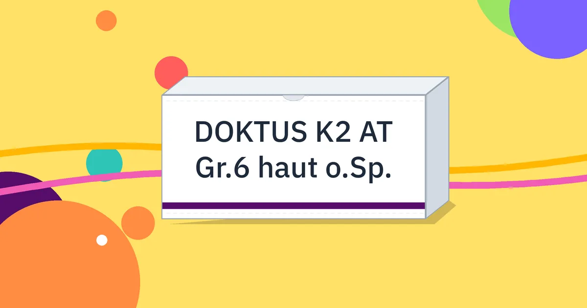 Symbolbild: Packung mit der Aufschrift DOKTUS K2 AT Gr.6 haut o.Sp. (PZN 00596760) – Verfügbarkeit und Bezug in Apotheken in Frankfurt am Main