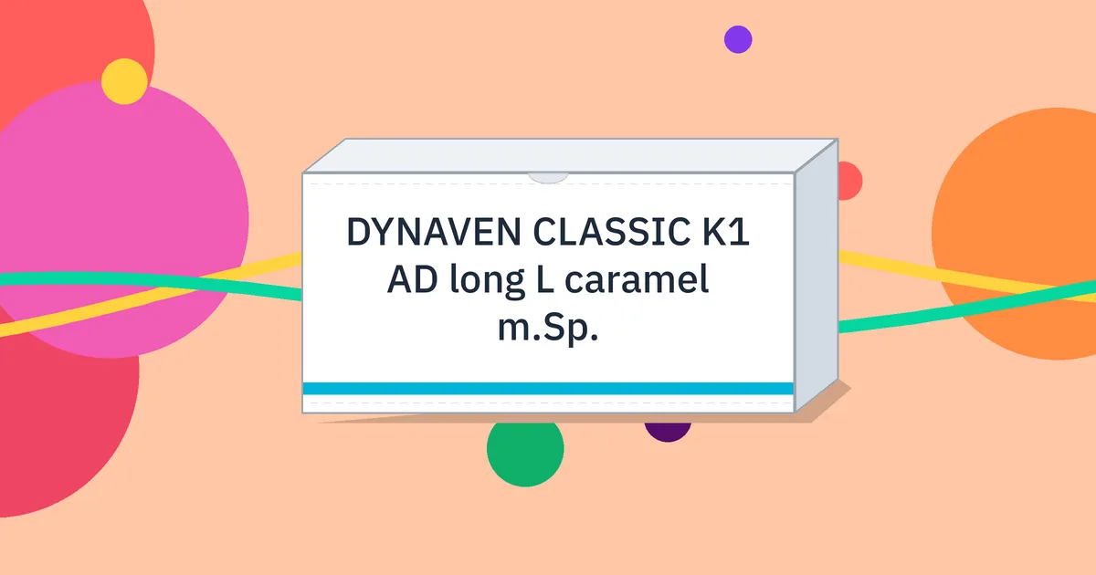 Symbolbild: Packung mit der Aufschrift DYNAVEN CLASSIC K1 AD long L caramel m.Sp. (PZN 18414914) – Verfügbarkeit und Bezug in Apotheken in Frankfurt am Main