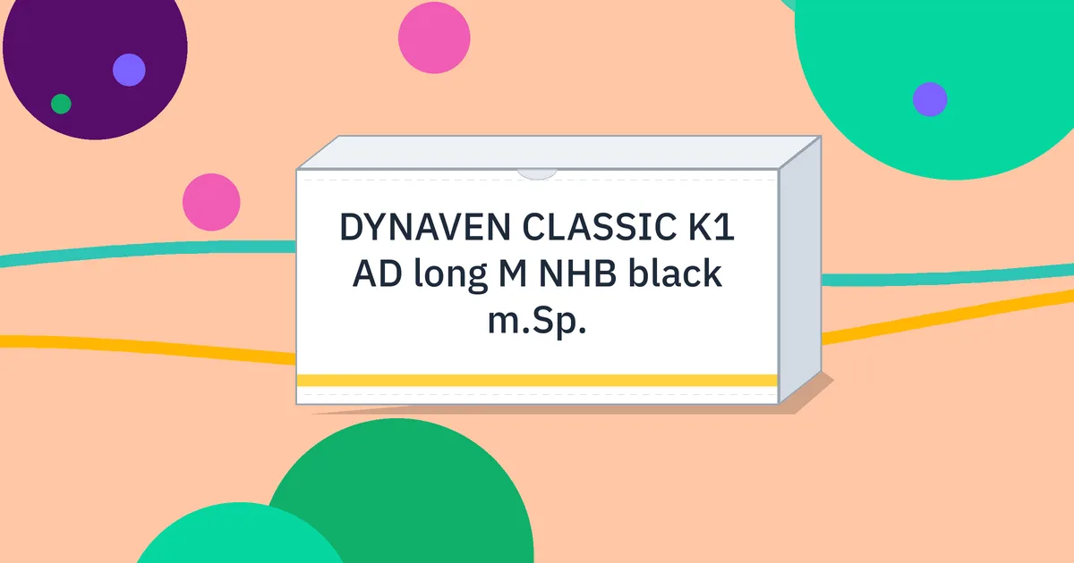 Symbolbild: Packung mit der Aufschrift DYNAVEN CLASSIC K1 AD long M NHB black m.Sp. (PZN 18415061) – Verfügbarkeit und Bezug in Apotheken in Frankfurt am Main