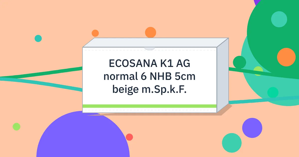 Symbolbild: Packung mit der Aufschrift ECOSANA K1 AG normal 6 NHB 5cm beige m.Sp.k.F. (PZN 04729815) – Verfügbarkeit und Bezug in Apotheken in Frankfurt am Main