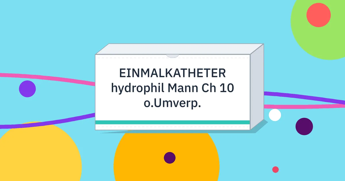 Symbolbild: Packung mit der Aufschrift EINMALKATHETER hydrophil Mann Ch 10 o.Umverp. (PZN 06831601) – Verfügbarkeit und Bezug in Apotheken in Frankfurt am Main