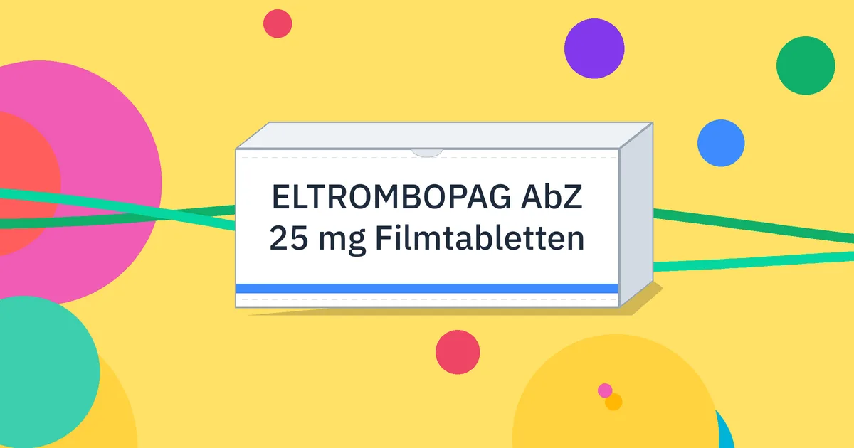 Symbolbild: Packung mit der Aufschrift ELTROMBOPAG AbZ 25 mg Filmtabletten (PZN 19806036) – Verfügbarkeit und Bezug in Apotheken in Frankfurt am Main