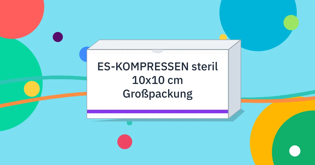 Symbolbild: Packung mit der Aufschrift ES-KOMPRESSEN steril 10x10 cm Großpackung (PZN 19700556) – Verfügbarkeit und Bezug in Apotheken in Frankfurt am Main