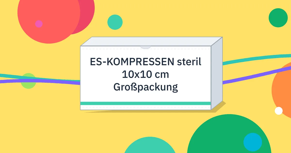 Symbolbild: Packung mit der Aufschrift ES-KOMPRESSEN steril 10x10 cm Großpackung (PZN 12579241) – Verfügbarkeit und Bezug in Apotheken in Frankfurt am Main