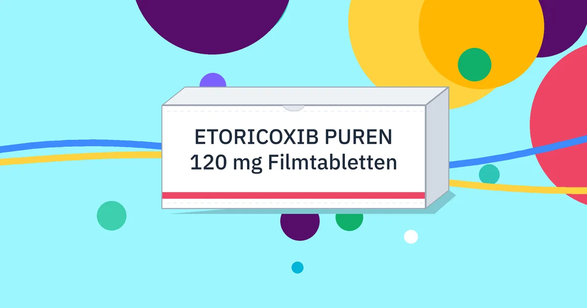 Symbolbild: Packung mit der Aufschrift ETORICOXIB PUREN 120 mg Filmtabletten (PZN 12361743) – Verfügbarkeit und Bezug in Apotheken in Frankfurt am Main