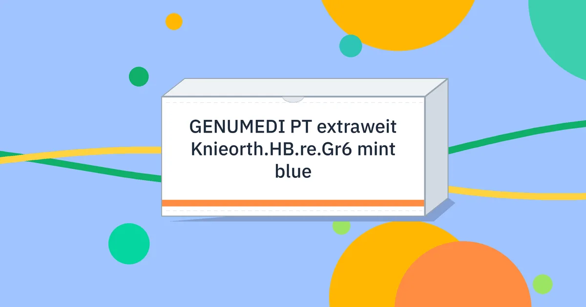 Symbolbild: Packung mit der Aufschrift GENUMEDI PT extraweit Knieorth.HB.re.Gr6 mint blue (PZN 17982728) – Verfügbarkeit und Bezug in Apotheken in Frankfurt am Main