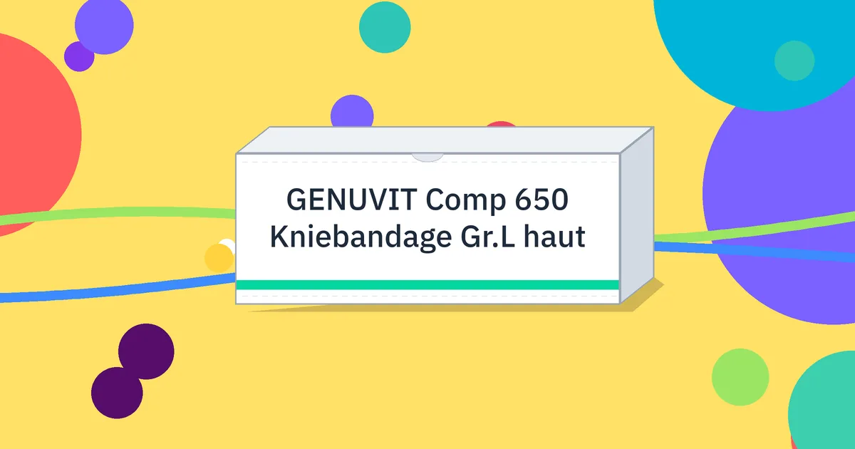 Symbolbild: Packung mit der Aufschrift GENUVIT Comp 650 Kniebandage Gr.L haut (PZN 09403544) – Verfügbarkeit und Bezug in Apotheken in Frankfurt am Main