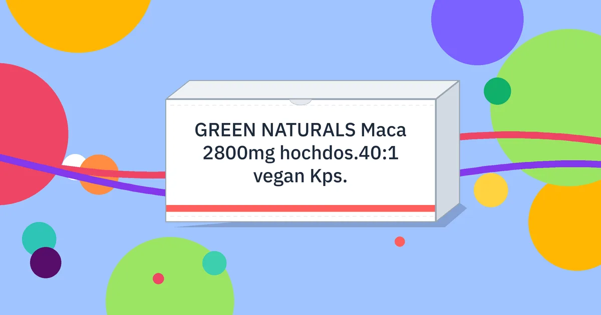 Symbolbild: Packung mit der Aufschrift GREEN NATURALS Maca 2800mg hochdos.40:1 vegan Kps. (PZN 19973892) – Verfügbarkeit und Bezug in Apotheken in Frankfurt am Main