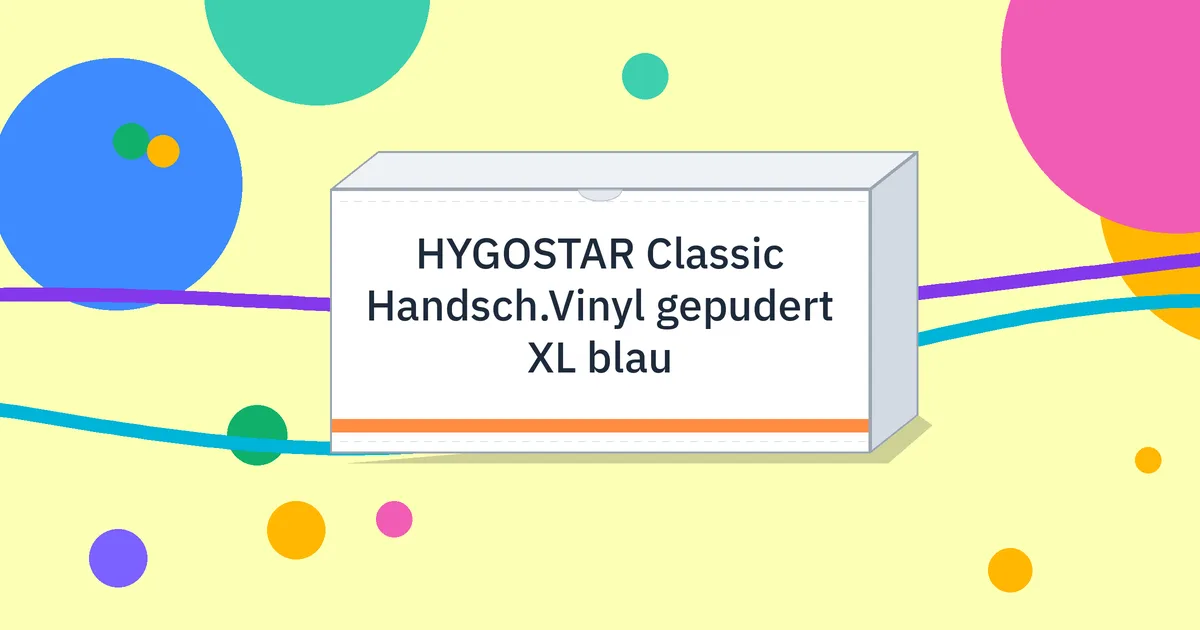 Symbolbild: Packung mit der Aufschrift HYGOSTAR Classic Handsch.Vinyl gepudert XL blau (PZN 20772466) – Verfügbarkeit und Bezug in Apotheken in Frankfurt am Main