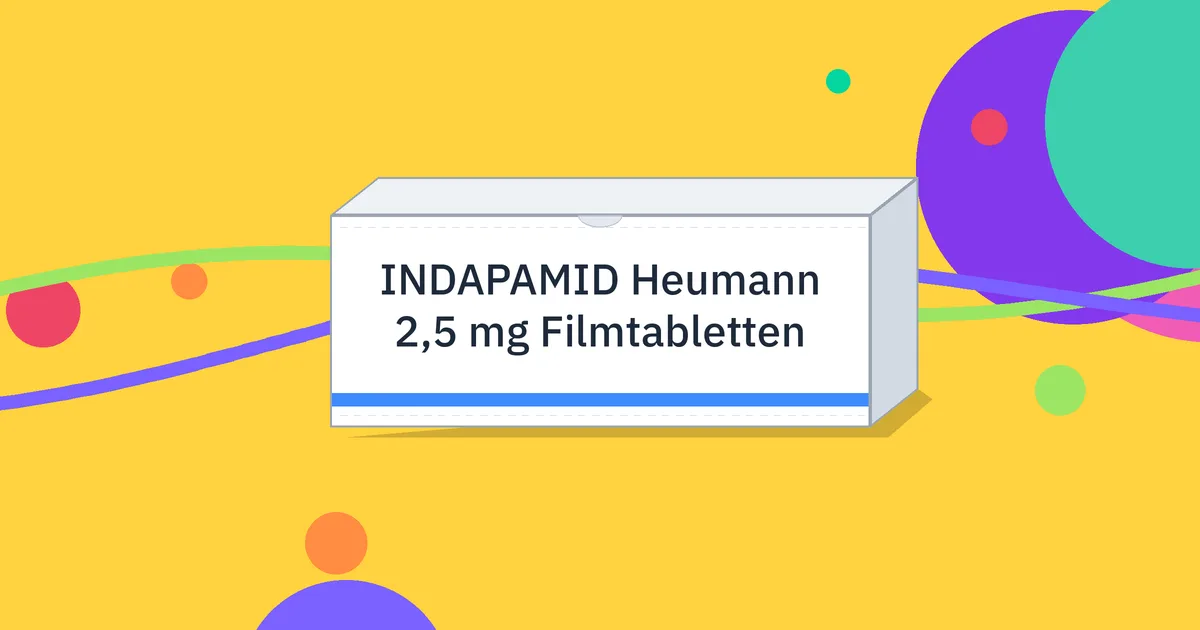 Symbolbild: Packung mit der Aufschrift INDAPAMID Heumann 2,5 mg Filmtabletten (PZN 09240378) – Verfügbarkeit und Bezug in Apotheken in Frankfurt am Main