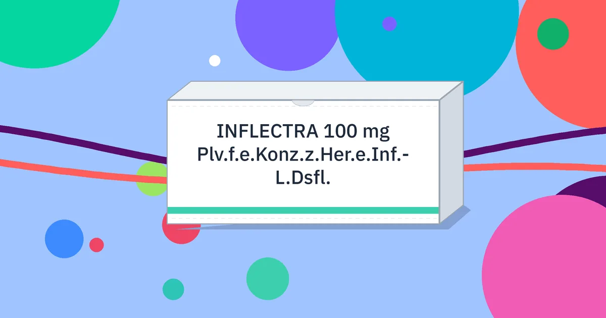Symbolbild: Packung mit der Aufschrift INFLECTRA 100 mg Plv.f.e.Konz.z.Her.e.Inf.-L.Dsfl. (PZN 18502587) – Verfügbarkeit und Bezug in Apotheken in Frankfurt am Main