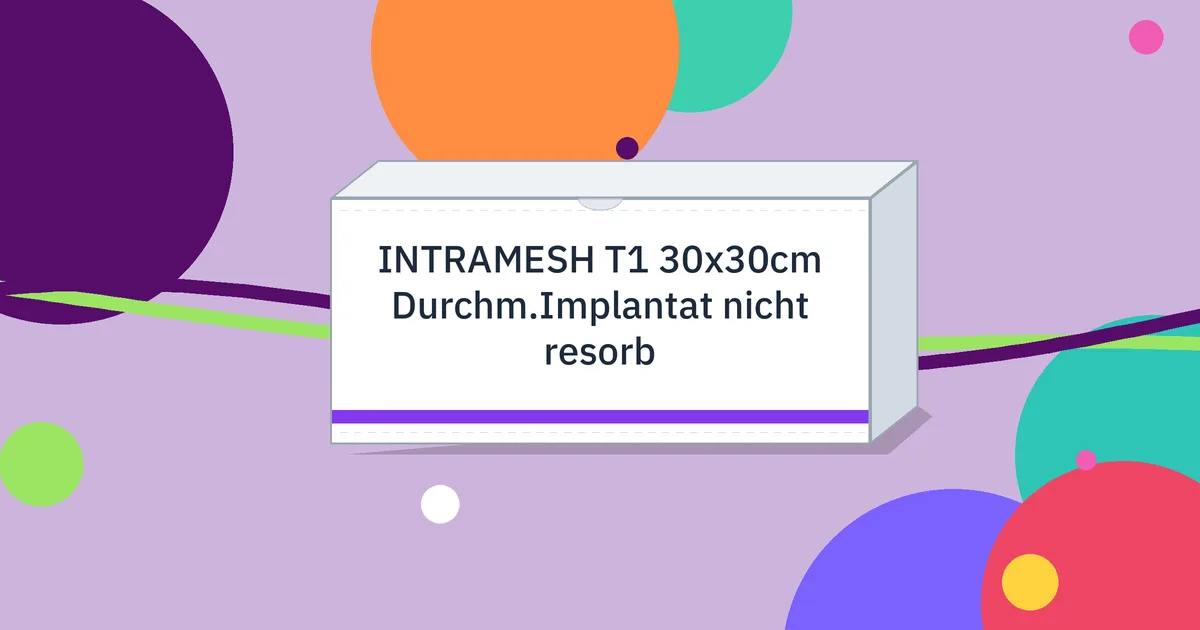 Symbolbild: Packung mit der Aufschrift INTRAMESH T1 30x30cm Durchm.Implantat nicht resorb (PZN 19504950) – Verfügbarkeit und Bezug in Apotheken in Frankfurt am Main