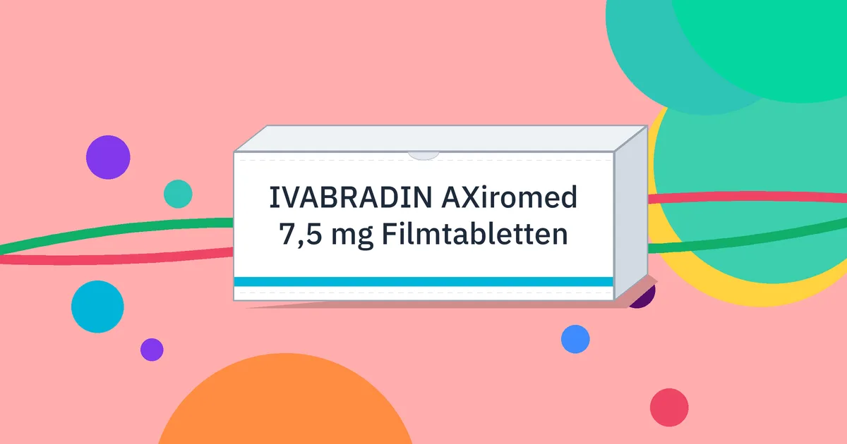 Symbolbild: Packung mit der Aufschrift IVABRADIN AXiromed 7,5 mg Filmtabletten (PZN 16793190) – Verfügbarkeit und Bezug in Apotheken in Frankfurt am Main
