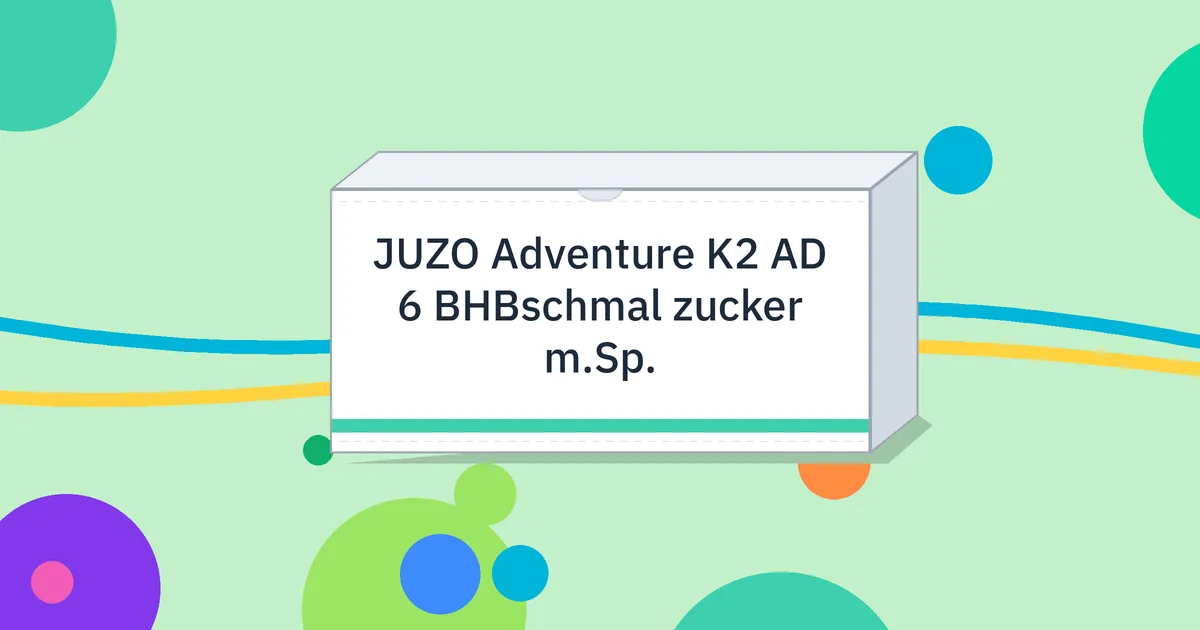 Symbolbild: Packung mit der Aufschrift JUZO Adventure K2 AD 6 BHBschmal zucker m.Sp. (PZN 16343216) – Verfügbarkeit und Bezug in Apotheken in Frankfurt am Main