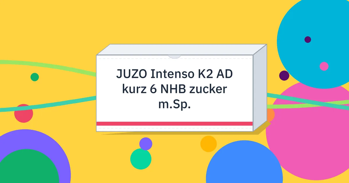 Symbolbild: Packung mit der Aufschrift JUZO Intenso K2 AD kurz 6 NHB zucker m.Sp. (PZN 18610785) – Verfügbarkeit und Bezug in Apotheken in Frankfurt am Main