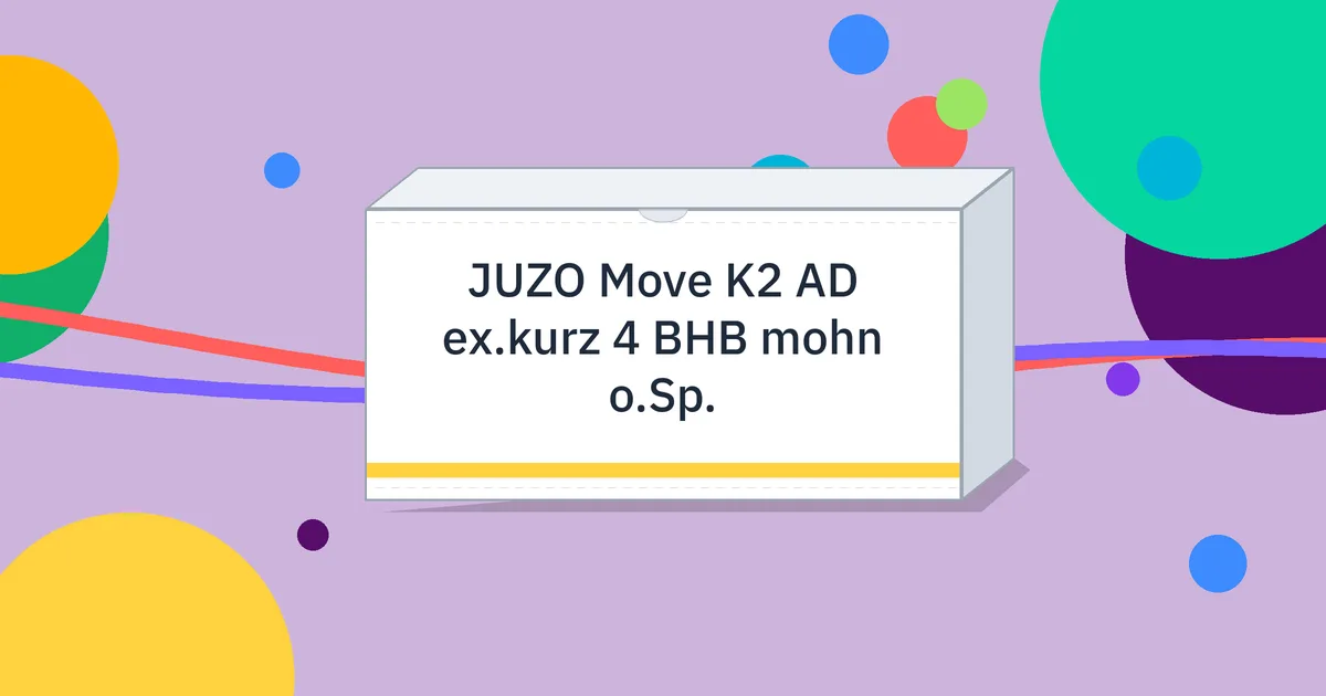 Symbolbild: Packung mit der Aufschrift JUZO Move K2 AD ex.kurz 4 BHB mohn o.Sp. (PZN 18542664) – Verfügbarkeit und Bezug in Apotheken in Frankfurt am Main