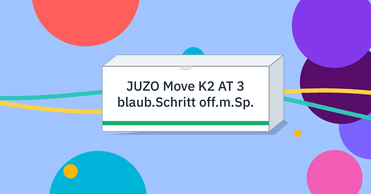 Symbolbild: Packung mit der Aufschrift JUZO Move K2 AT 3 blaub.Schritt off.m.Sp. (PZN 20668272) – Verfügbarkeit und Bezug in Apotheken in Frankfurt am Main