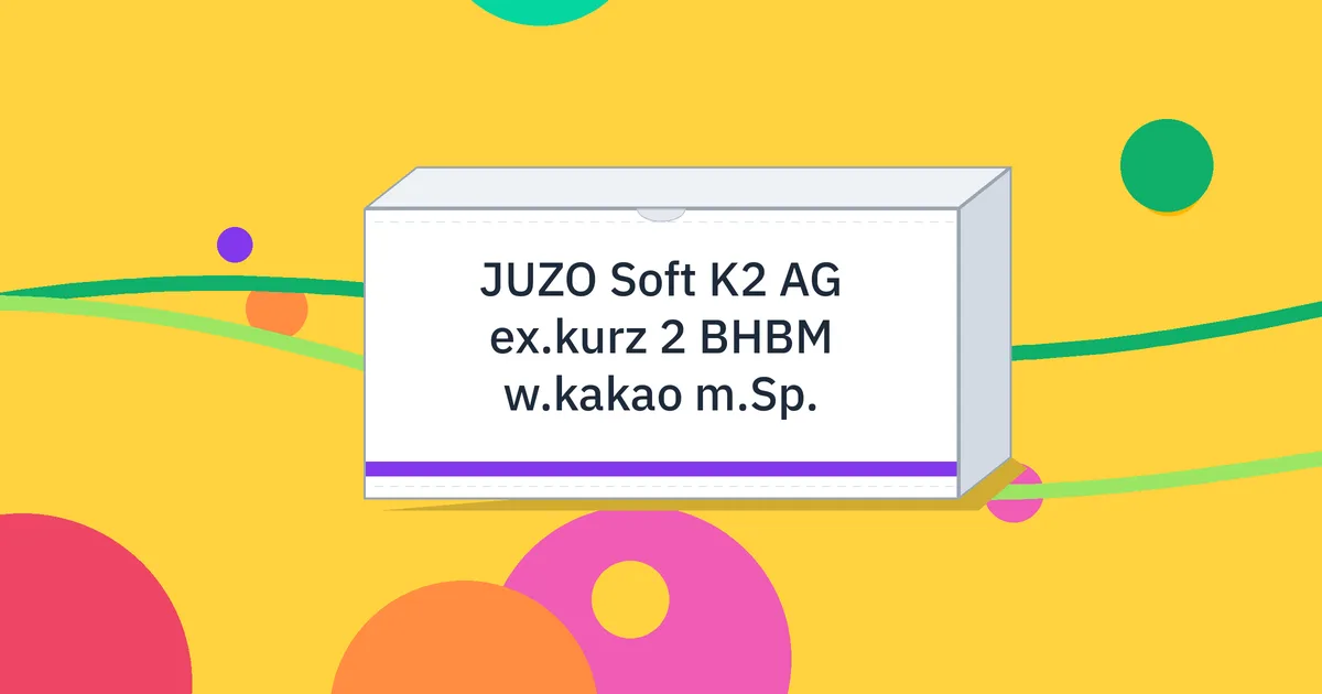 Symbolbild: Packung mit der Aufschrift JUZO Soft K2 AG ex.kurz 2 BHBM w.kakao m.Sp. (PZN 14868469) – Verfügbarkeit und Bezug in Apotheken in Frankfurt am Main