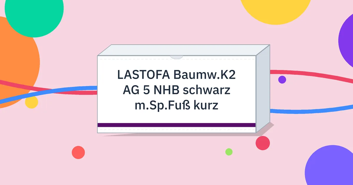 Symbolbild: Packung mit der Aufschrift LASTOFA Baumw.K2 AG 5 NHB schwarz m.Sp.Fuß kurz (PZN 01947204) – Verfügbarkeit und Bezug in Apotheken in Frankfurt am Main