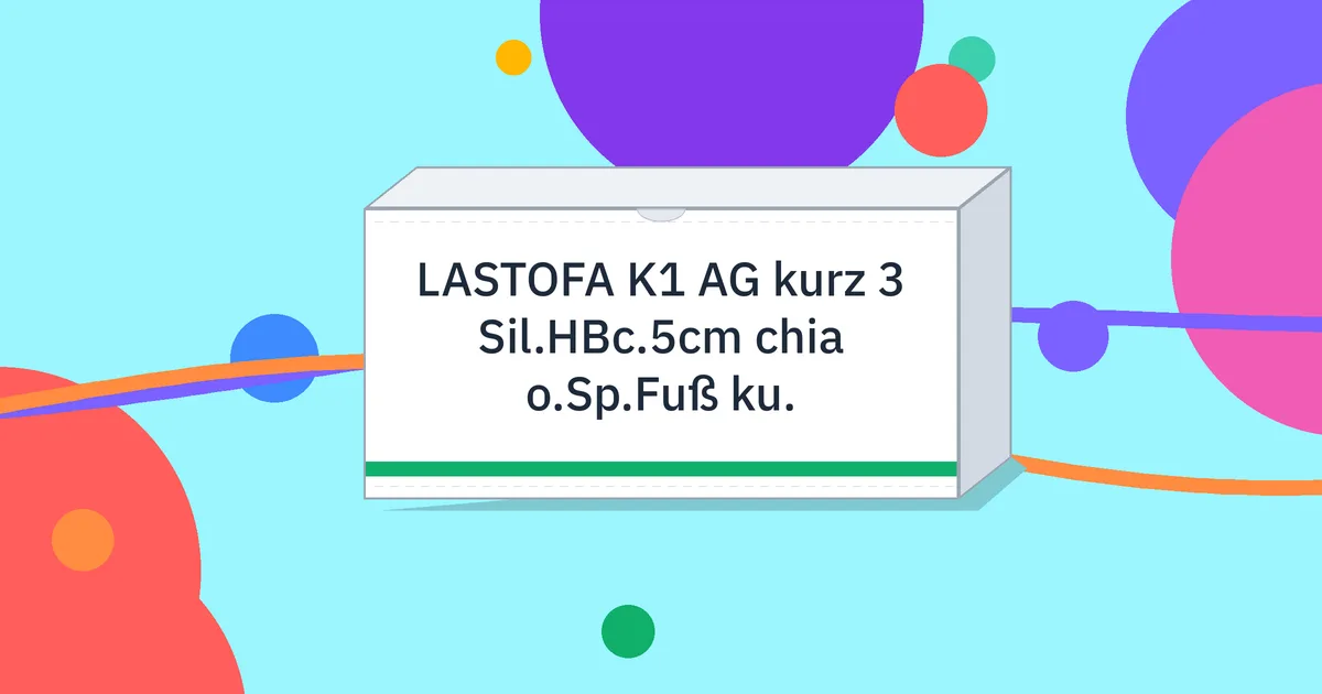Symbolbild: Packung mit der Aufschrift LASTOFA K1 AG kurz 3 Sil.HBc.5cm chia o.Sp.Fuß ku. (PZN 13790765) – Verfügbarkeit und Bezug in Apotheken in Frankfurt am Main
