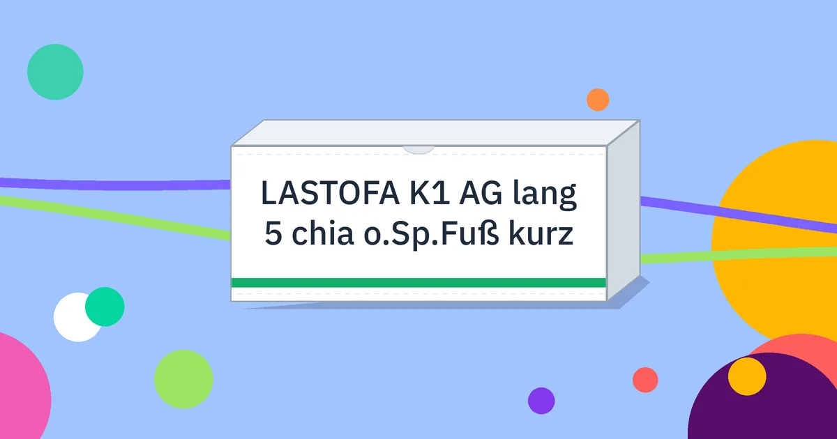 Symbolbild: Packung mit der Aufschrift LASTOFA K1 AG lang 5 chia o.Sp.Fuß kurz (PZN 13792847) – Verfügbarkeit und Bezug in Apotheken in Frankfurt am Main