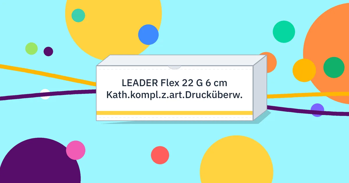 Symbolbild: Packung mit der Aufschrift LEADER Flex 22 G 6 cm Kath.kompl.z.art.Drucküberw. (PZN 00174533) – Verfügbarkeit und Bezug in Apotheken in Frankfurt am Main