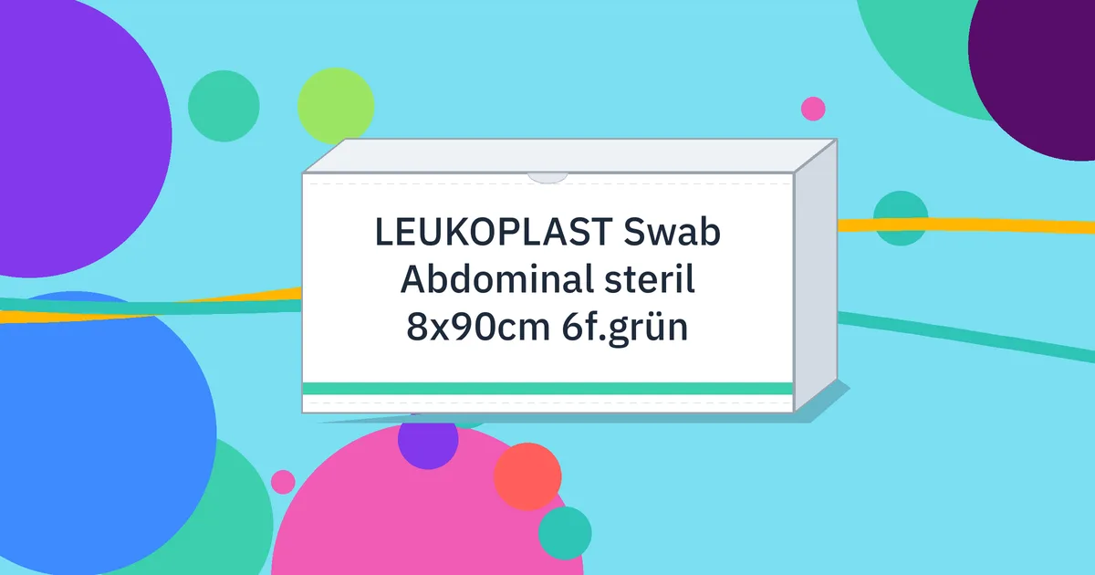 Symbolbild: Packung mit der Aufschrift LEUKOPLAST Swab Abdominal steril 8x90cm 6f.grün (PZN 17208868) – Verfügbarkeit und Bezug in Apotheken in Frankfurt am Main
