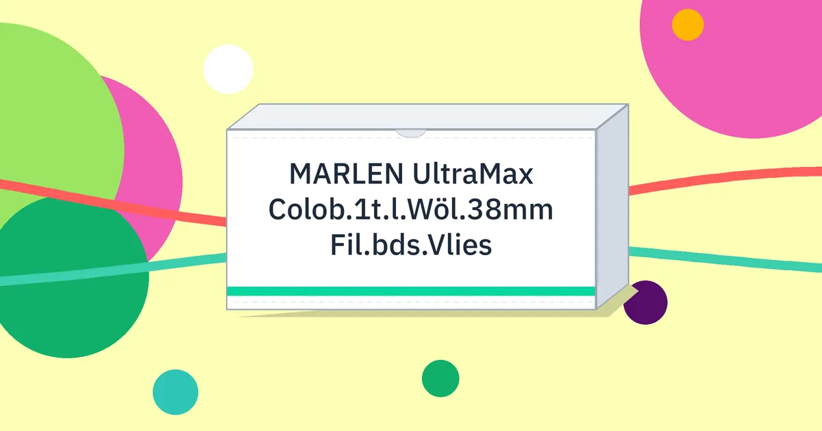 Symbolbild: Packung mit der Aufschrift MARLEN UltraMax Colob.1t.l.Wöl.38mm Fil.bds.Vlies (PZN 00625220) – Verfügbarkeit und Bezug in Apotheken in Frankfurt am Main