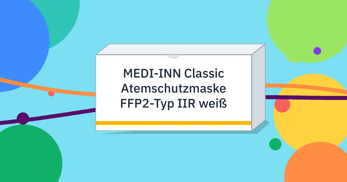 Symbolbild: Packung mit der Aufschrift MEDI-INN Classic Atemschutzmaske FFP2-Typ IIR weiß (PZN 19206773) – Verfügbarkeit und Bezug in Apotheken in Frankfurt am Main