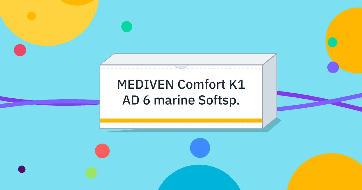 Symbolbild: Packung mit der Aufschrift MEDIVEN Comfort K1 AD 6 marine Softsp. (PZN 14559828) – Verfügbarkeit und Bezug in Apotheken in Frankfurt am Main