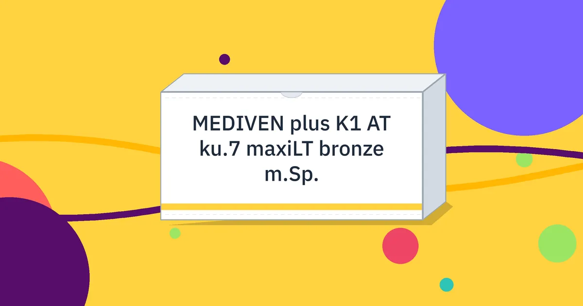 Symbolbild: Packung mit der Aufschrift MEDIVEN plus K1 AT ku.7 maxiLT bronze m.Sp. (PZN 15069799) – Verfügbarkeit und Bezug in Apotheken in Frankfurt am Main
