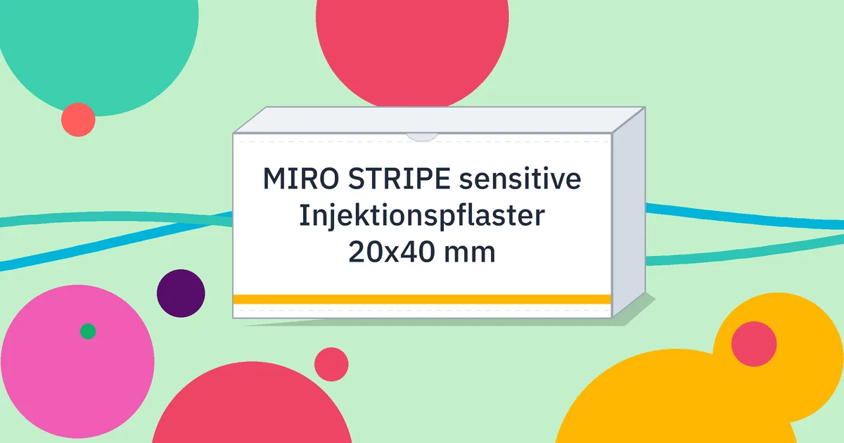 Symbolbild: Packung mit der Aufschrift MIRO STRIPE sensitive Injektionspflaster 20x40 mm (PZN 07125874) – Verfügbarkeit und Bezug in Apotheken in Frankfurt am Main