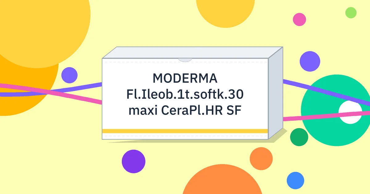 Symbolbild: Packung mit der Aufschrift MODERMA Fl.Ileob.1t.softk.30 maxi CeraPl.HR SF (PZN 12417455) – Verfügbarkeit und Bezug in Apotheken in Frankfurt am Main