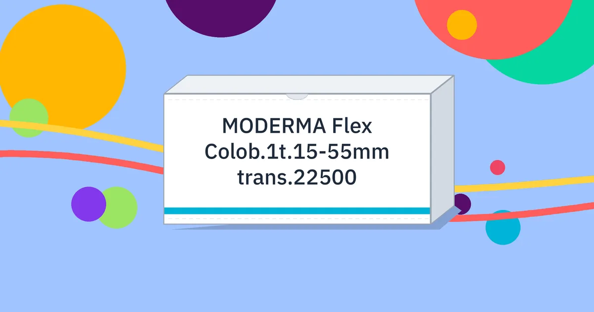 Symbolbild: Packung mit der Aufschrift MODERMA Flex Colob.1t.15-55mm trans.22500 (PZN 00914680) – Verfügbarkeit und Bezug in Apotheken in Frankfurt am Main